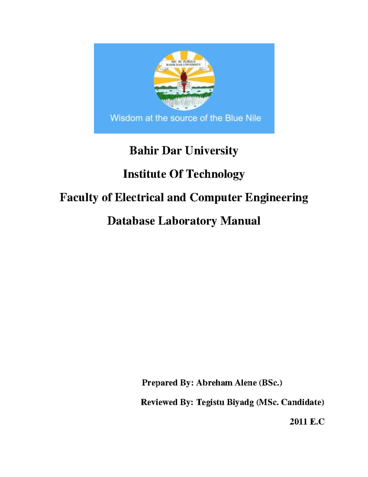 12. Database lab Manual - Bahir Dar University Institute Of Technology Faculty of Electrical and ...