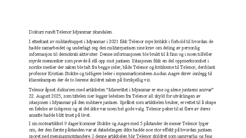 Diskurs om Telenor Myanmar Skandalen etter Militærkuppet 2021 - Studocu