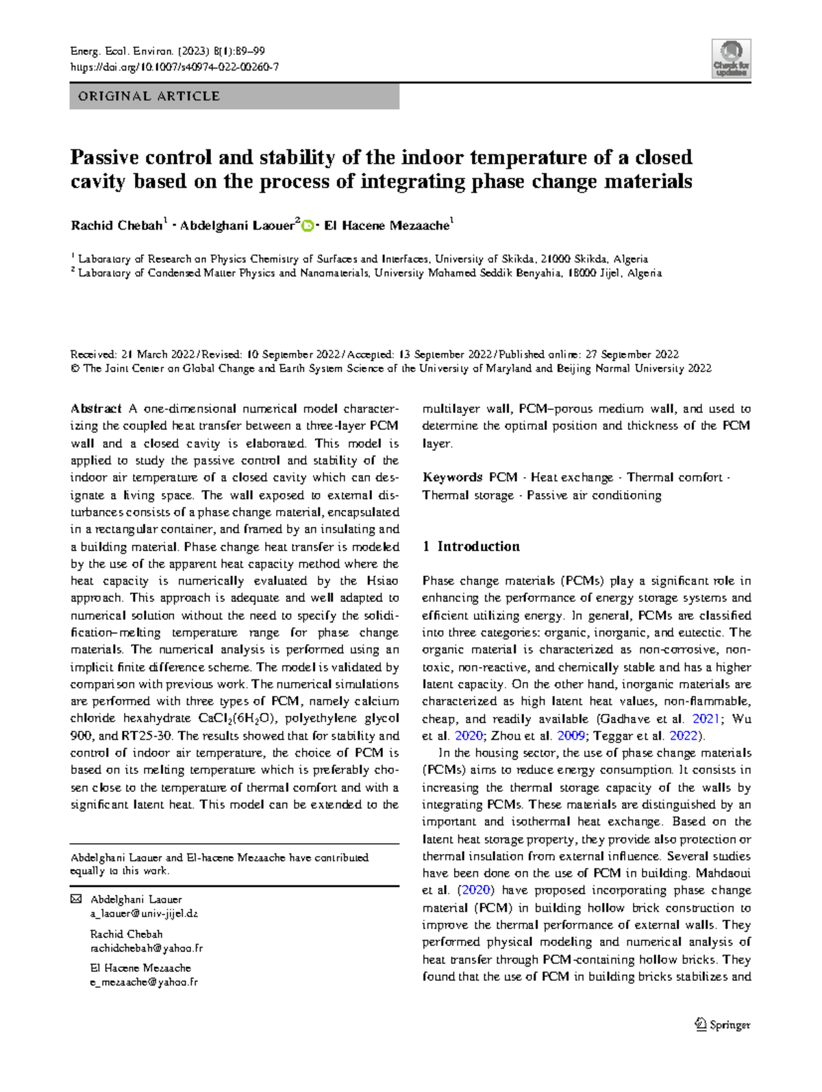 Passive Control & Stability of Indoor Temp with PCM (Energ. Ecol ...