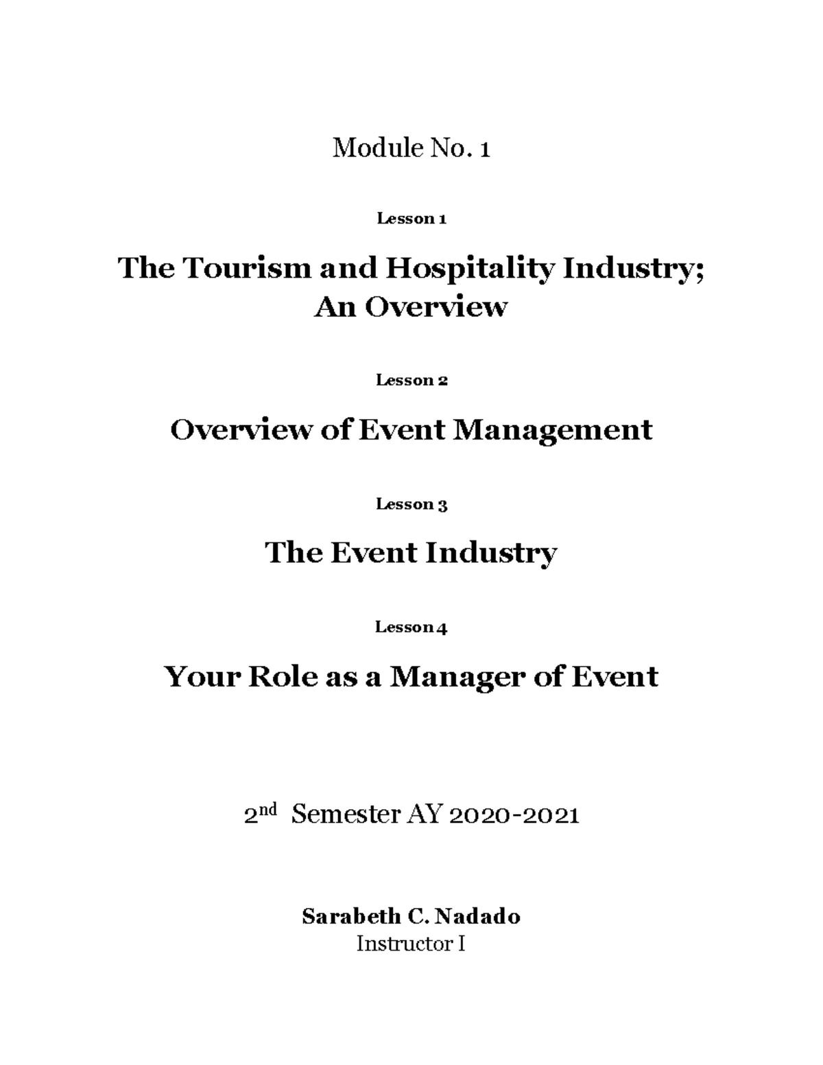 Events Management - Lesson Overview and Role in Tourism Industry - Studocu