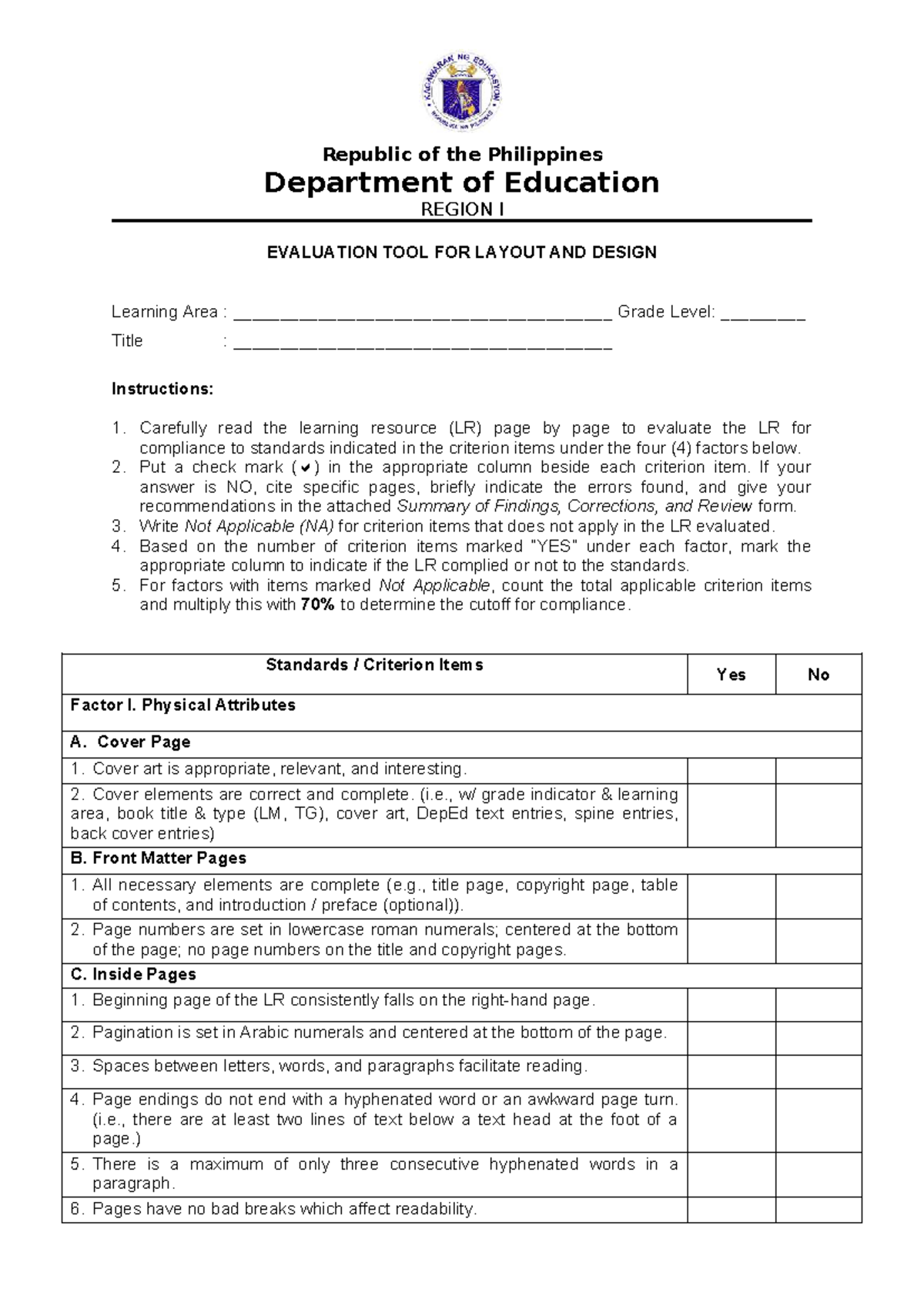 Evaluation Tool for Design and Layout - DepEd Region I - Studocu