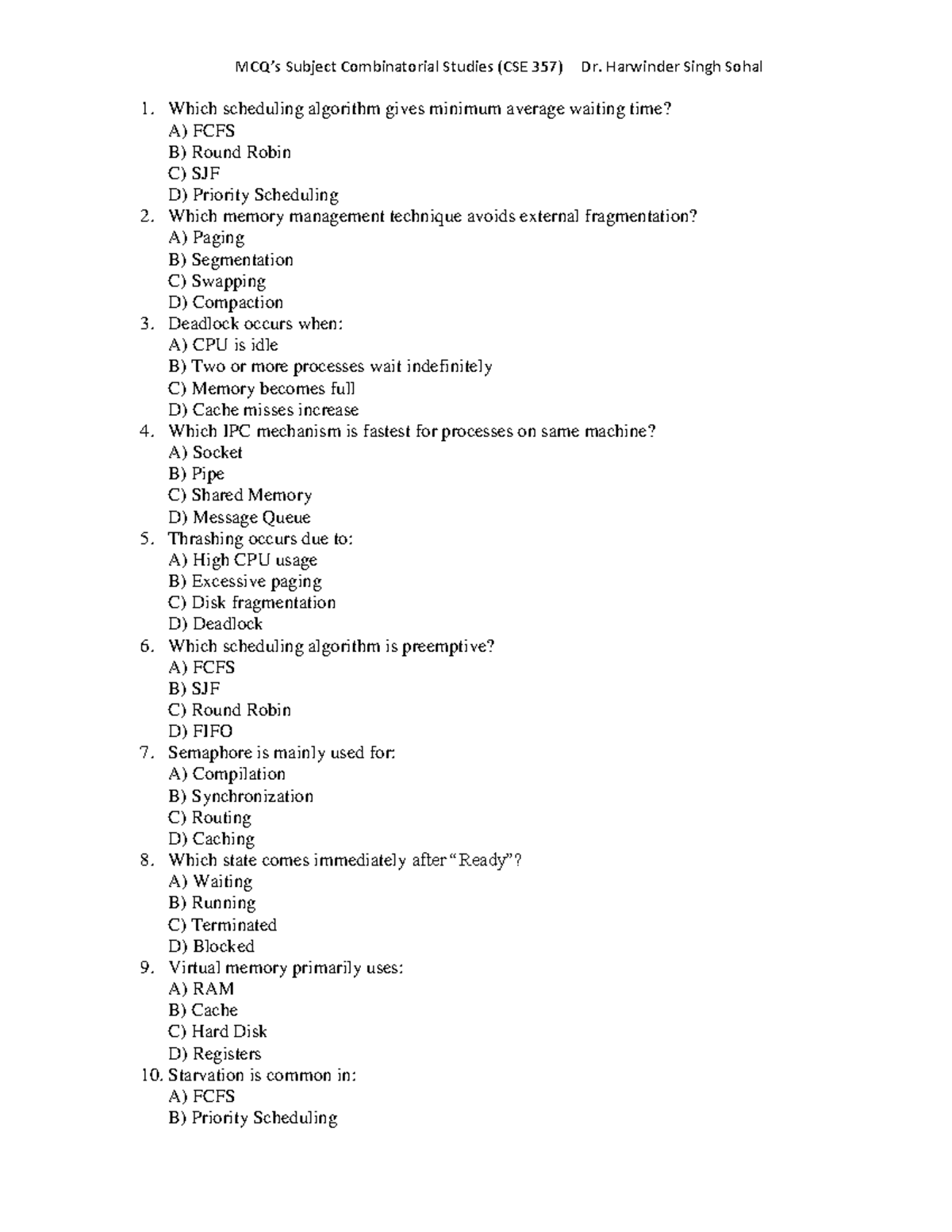 MCQ Practice Questions for Combinatorial Studies (CSE 357) - Studocu