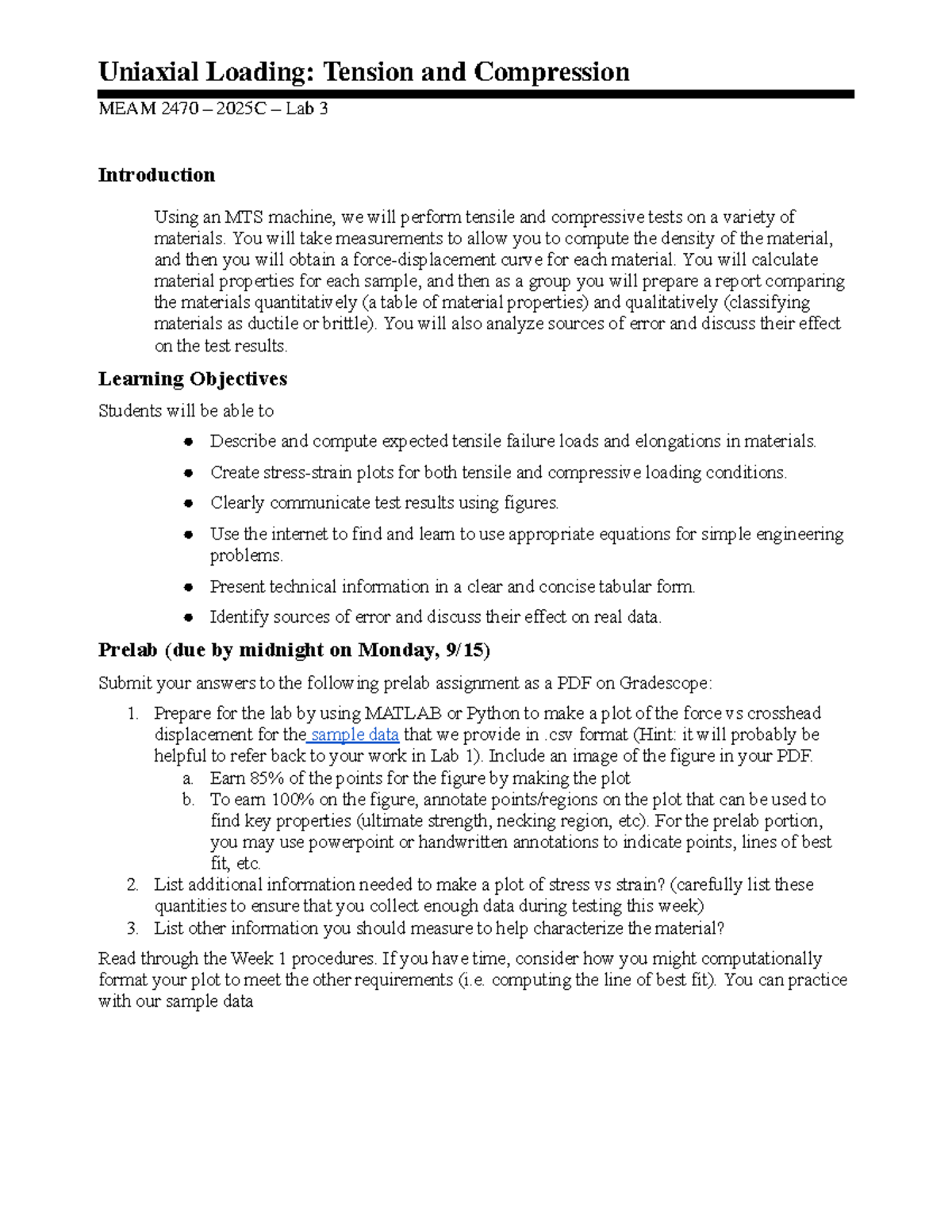 Uniaxial Loading: Tension & Compression Lab 3 MEAM 2470 2025C - Studocu