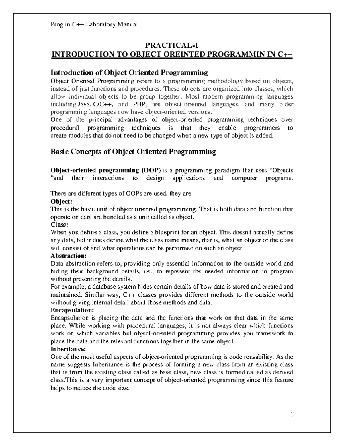 Lab Manual 1 - AVD: Introduction to Object Oriented Programming in C++ - Studocu