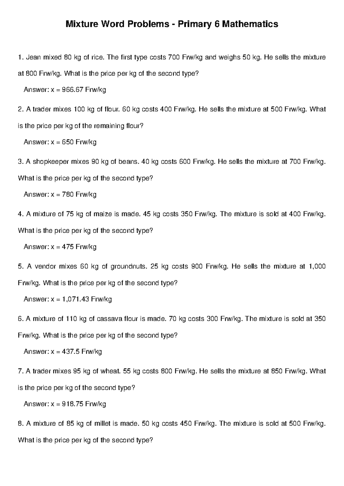Mixed Word Problems Year 6