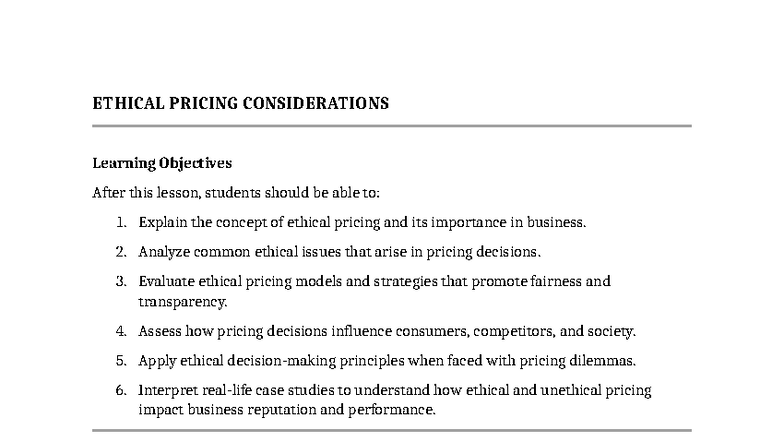 ETHICAL PRICING CONSIDERATIONS: Key Insights and Strategies - Studocu