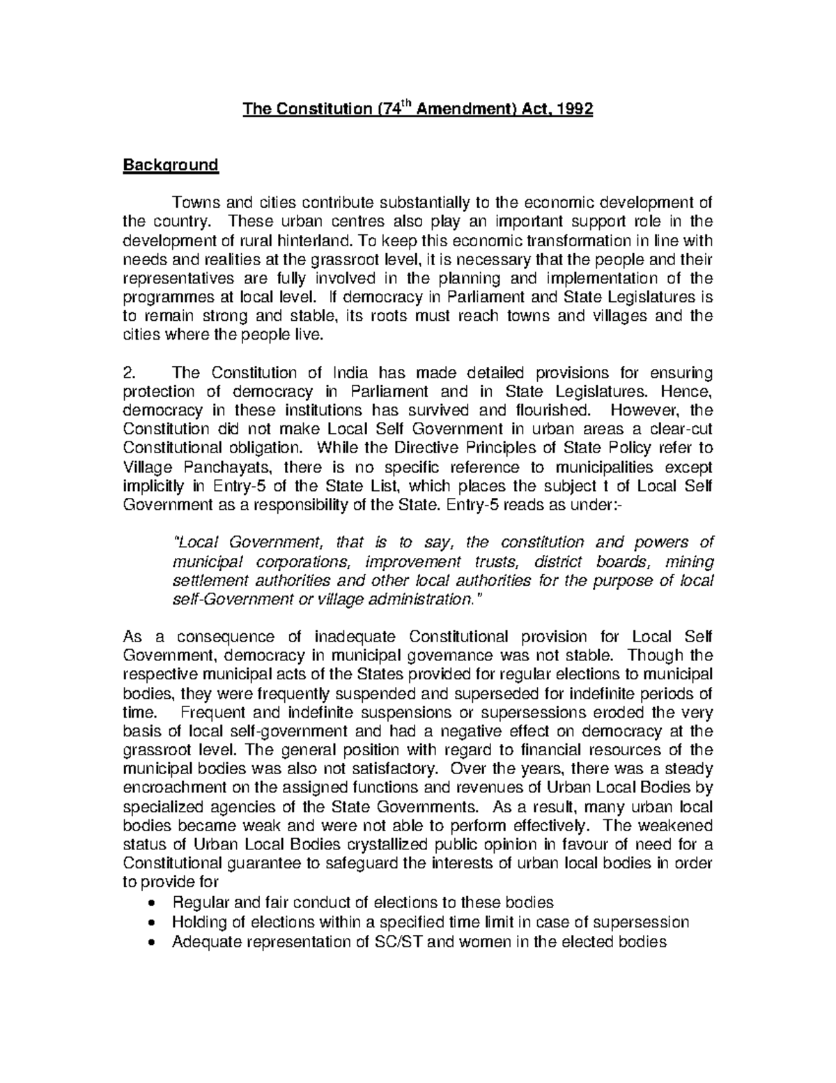 74th Amendment Act, 1992: Lecture Notes on Urban Local Governance - Studocu