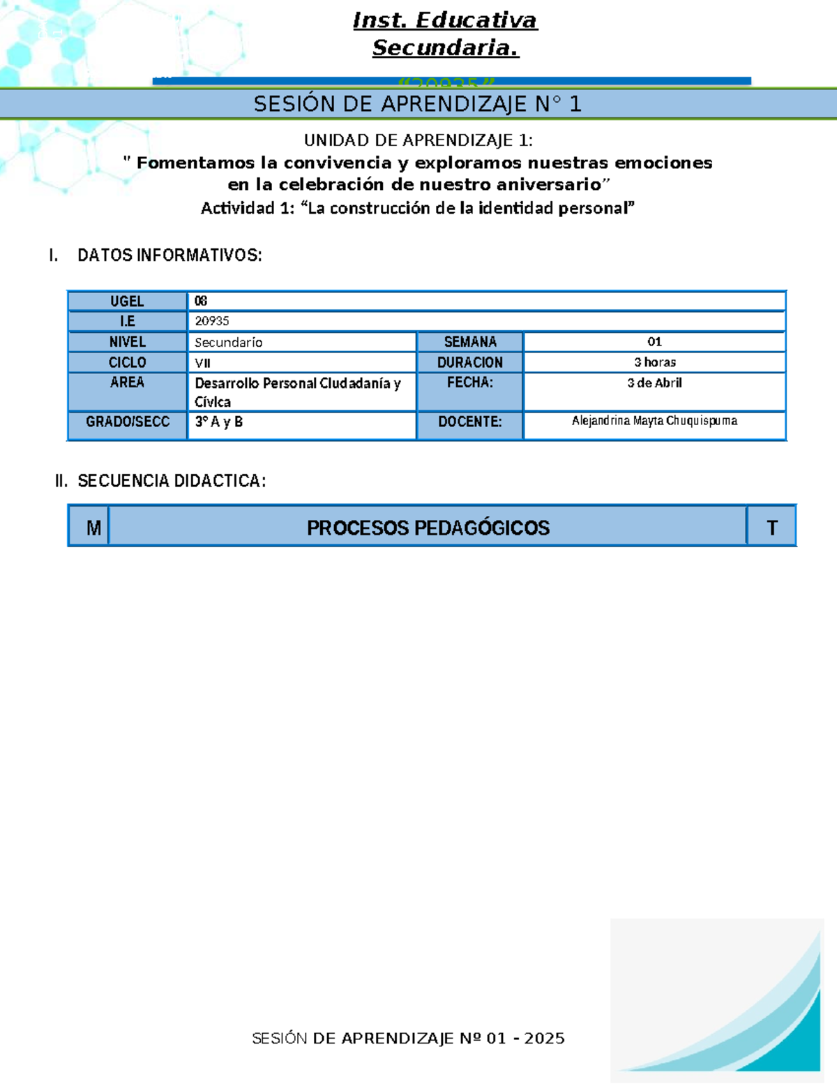 3º DPCC SESIÓN DE APRENDIZAJE 1 UNI 1 - Construcción de la Identidad - Studocu