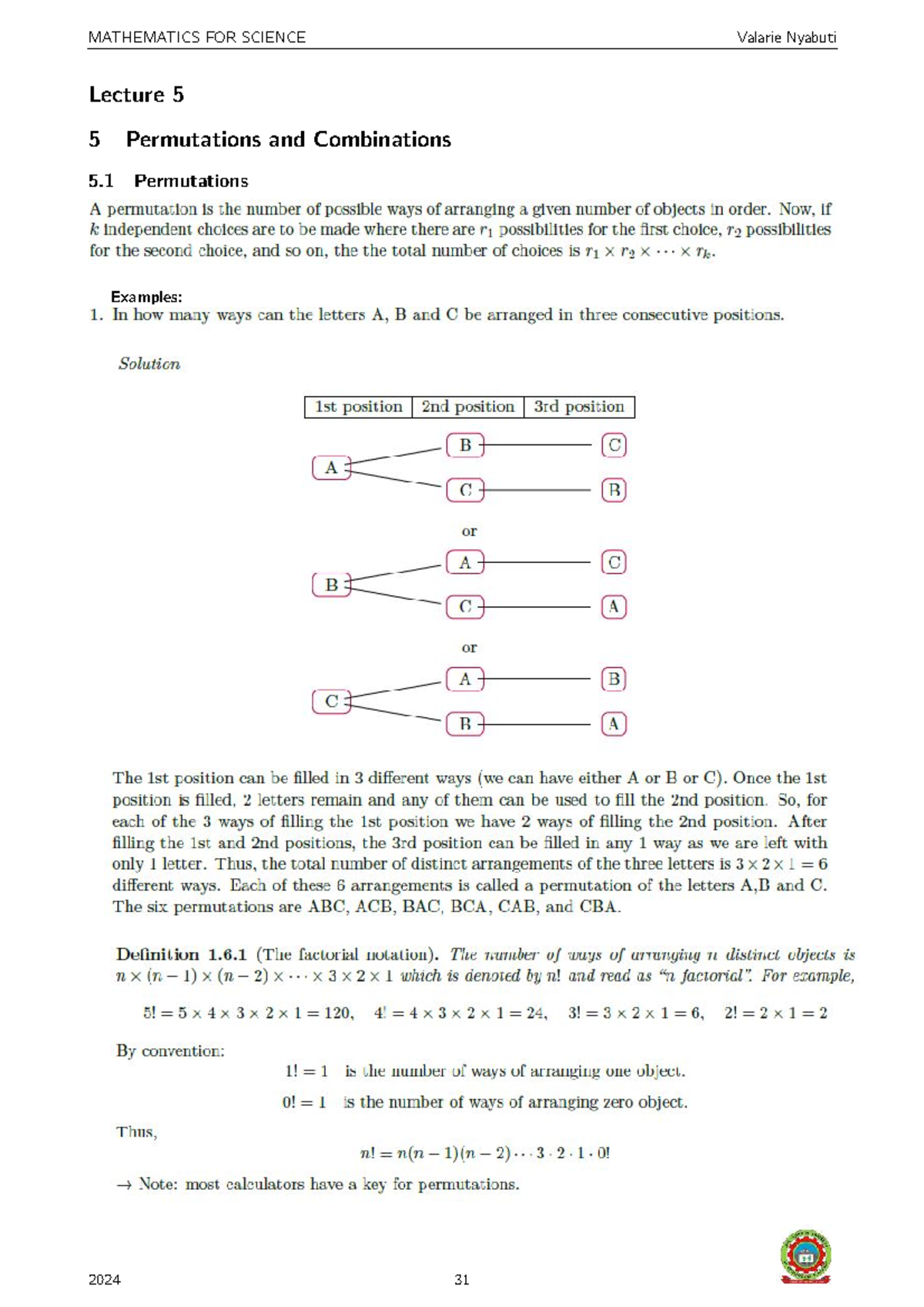 MATHEMATICS FOR SCIENCE - Lecture 5: Permutations & Combinations - Studocu