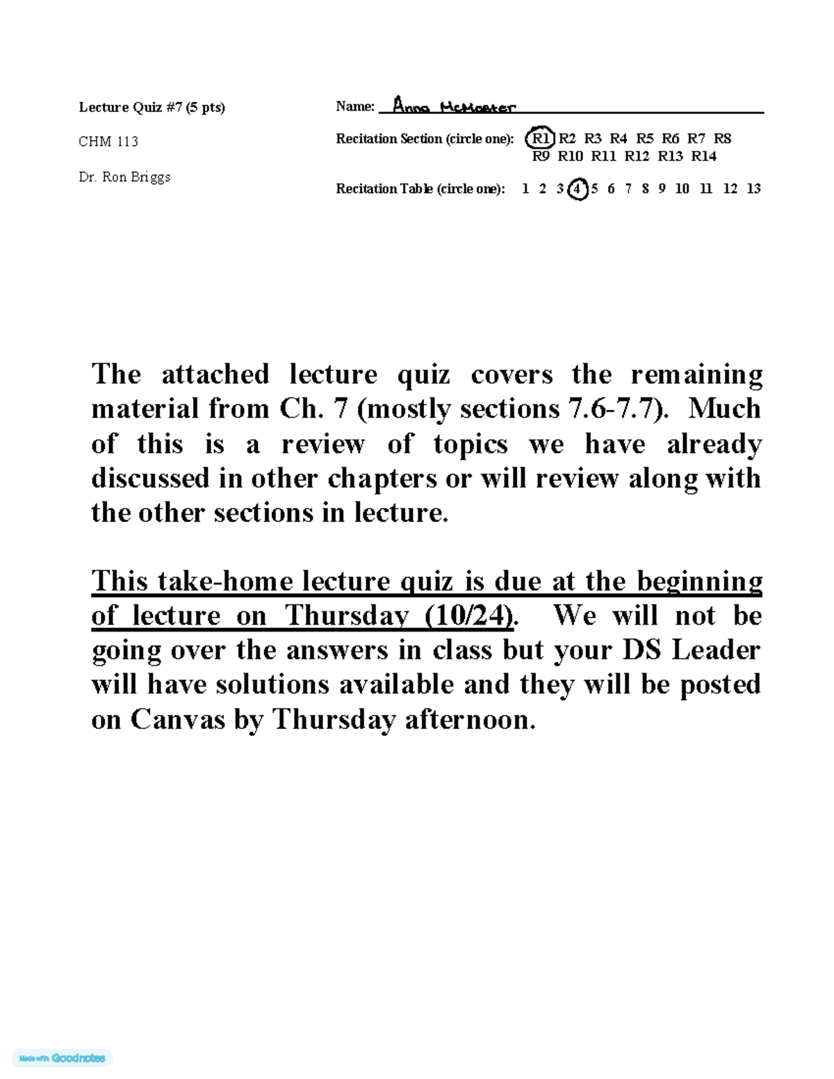 CHM 113 Lecture Quiz 7 Practice Problems with Dr. Ron Briggs - Studocu
