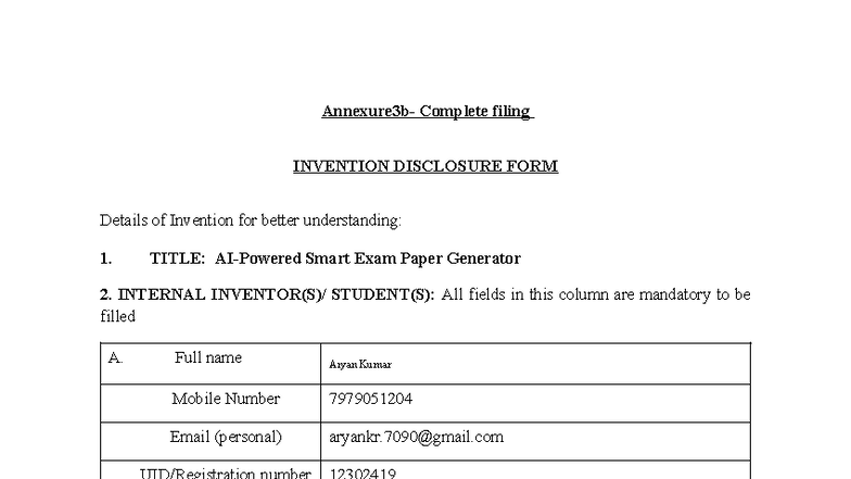 Smart Exam Paper Generator - Invention Disclosure Form (LPU) - Studocu