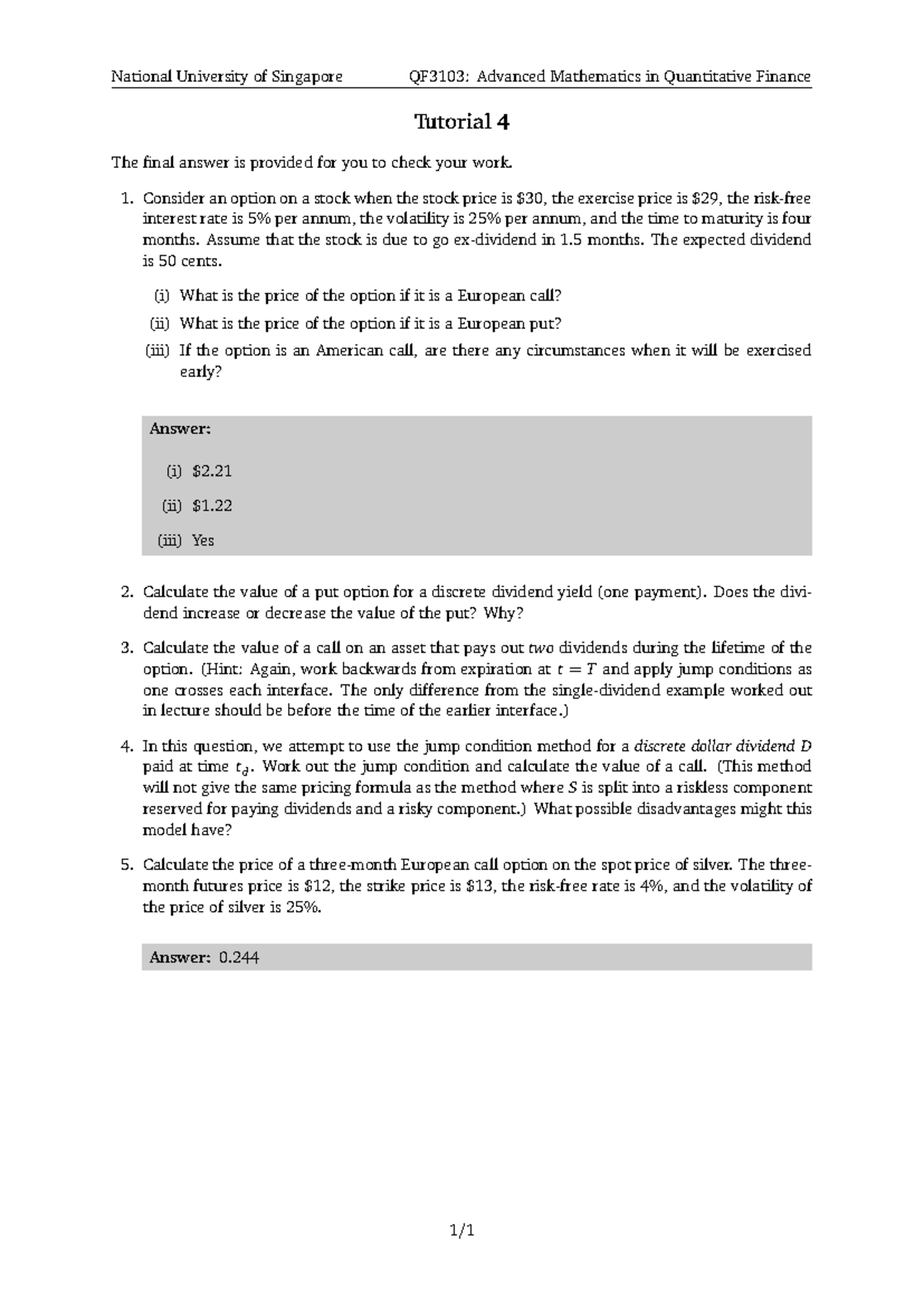 Tutorial 4 - solution - National University of Singapore QF3103 ...