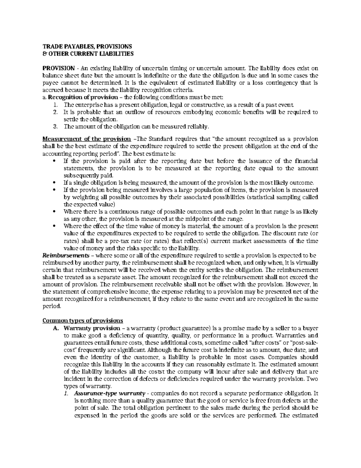 Trade Payables and Provisions: Key Aspects of Current Liabilities - Studocu