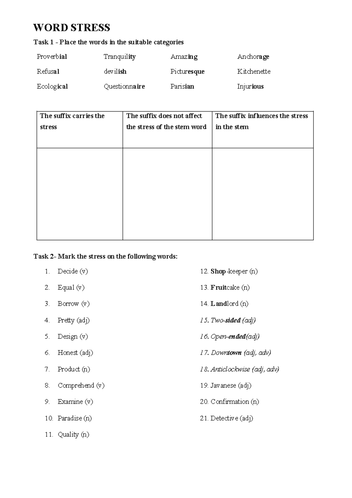 WORD STRESS Task 1: Categorizing Words and Marking Stress Patterns ...