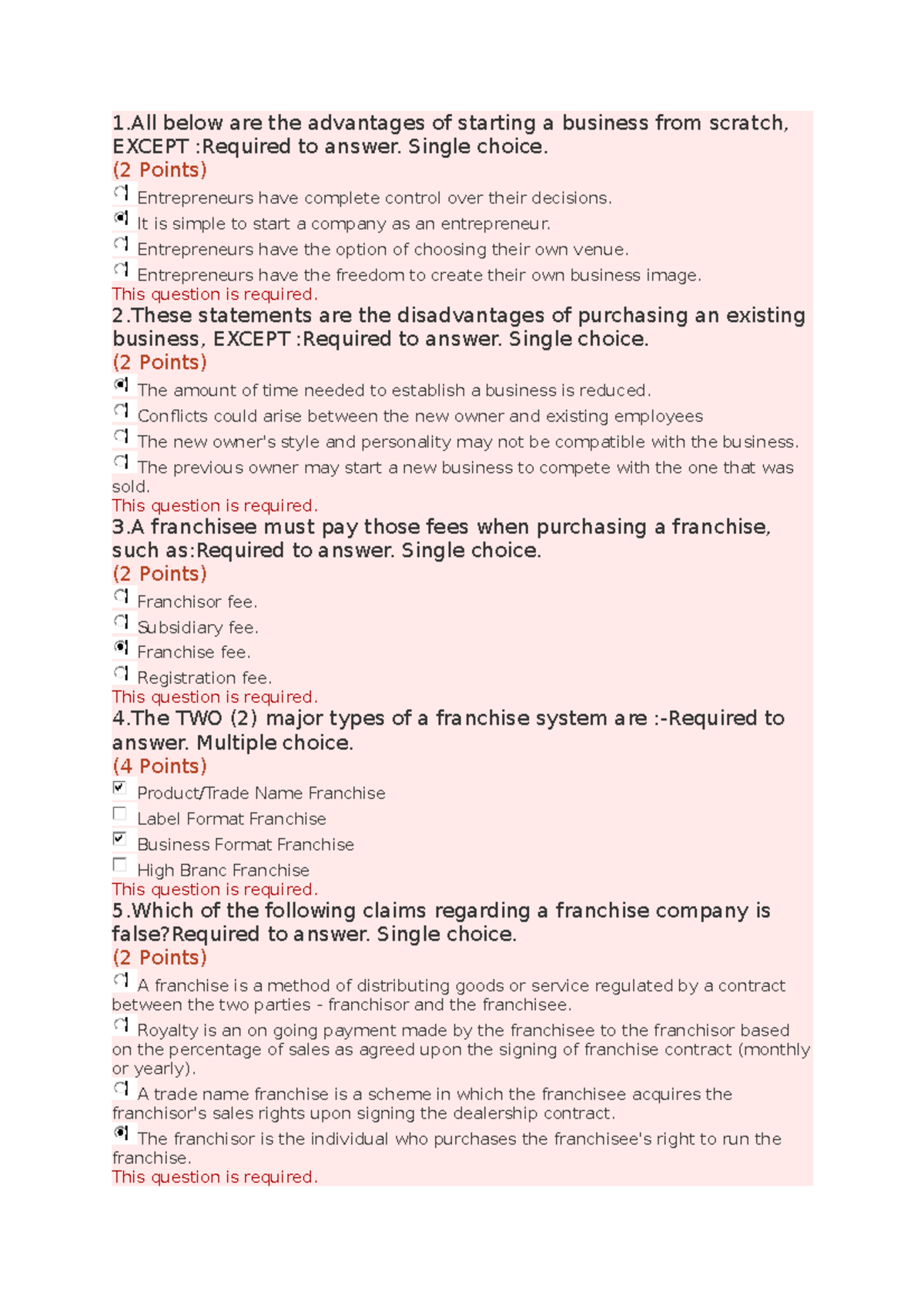 ENT 300 - Business Startup and Franchise Quiz - Studocu