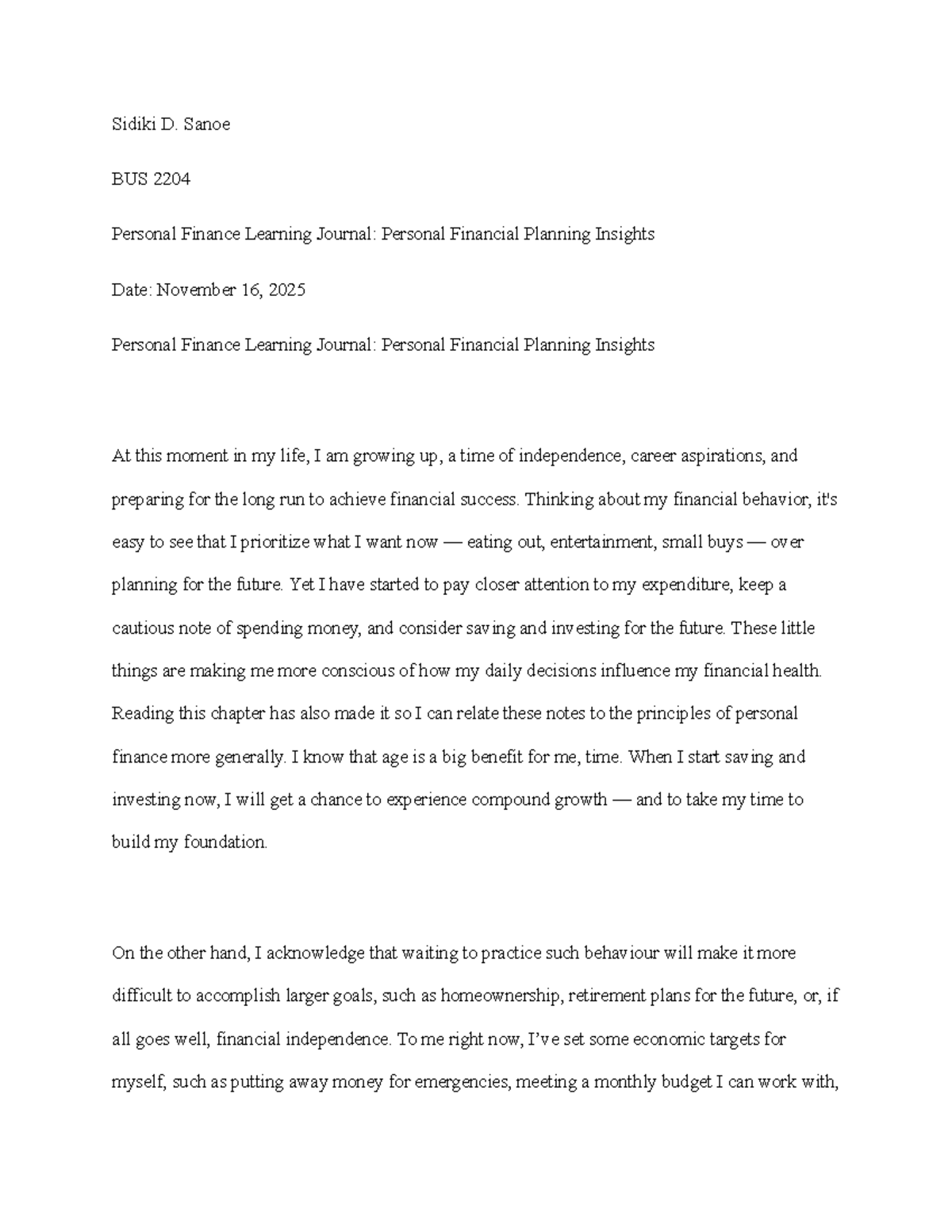 BUS 2204 Learning Journal: Personal Finance Insights & Planning - Studocu