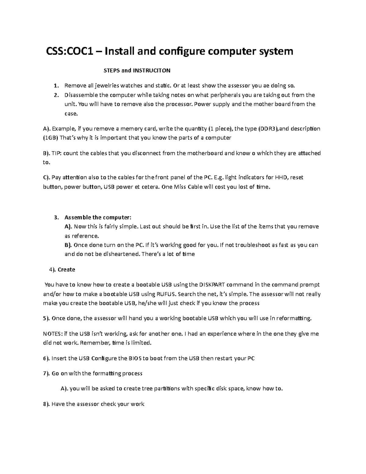 CSS: COC1 & COC2 - Computer System Servicing Steps & Instructions - Studocu