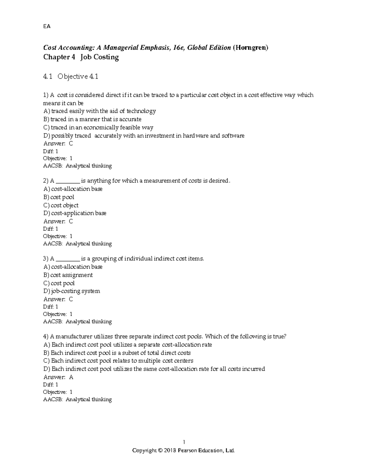 Test Bank Chapter 4 Job Costing 1 Cost Accounting A Managerial