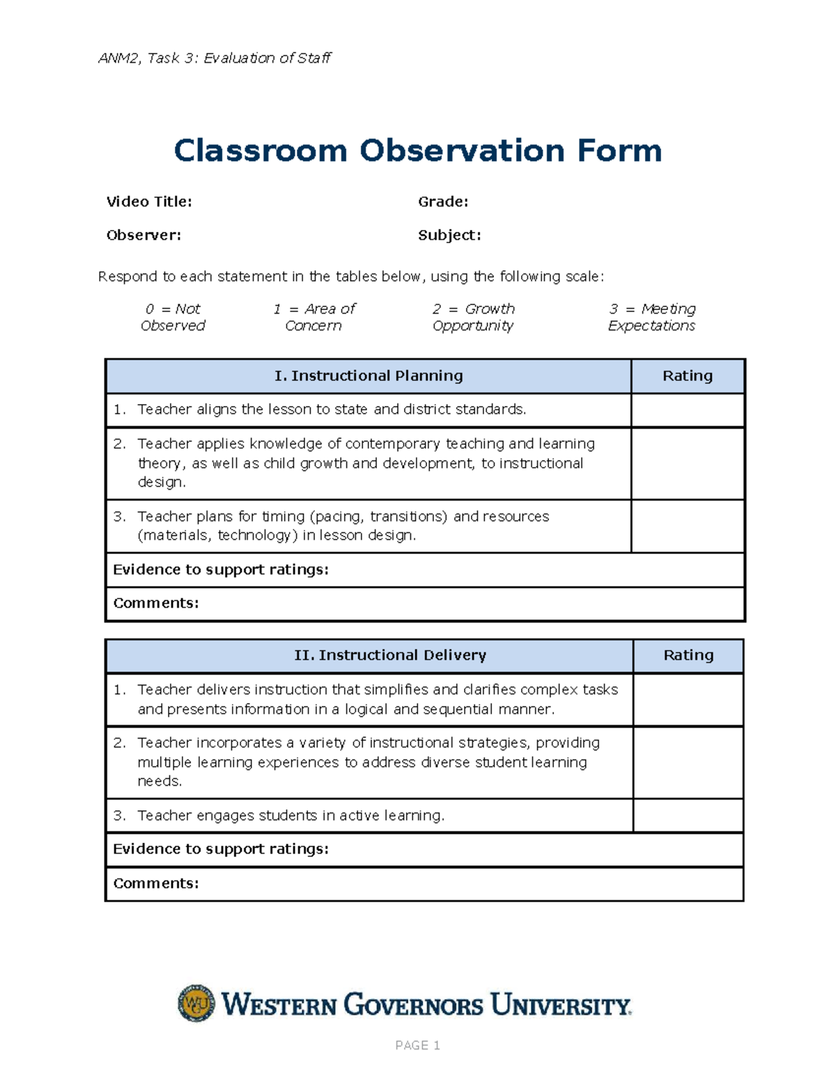 ANM2, Task 3: Classroom Observation Evaluation Form - Studocu