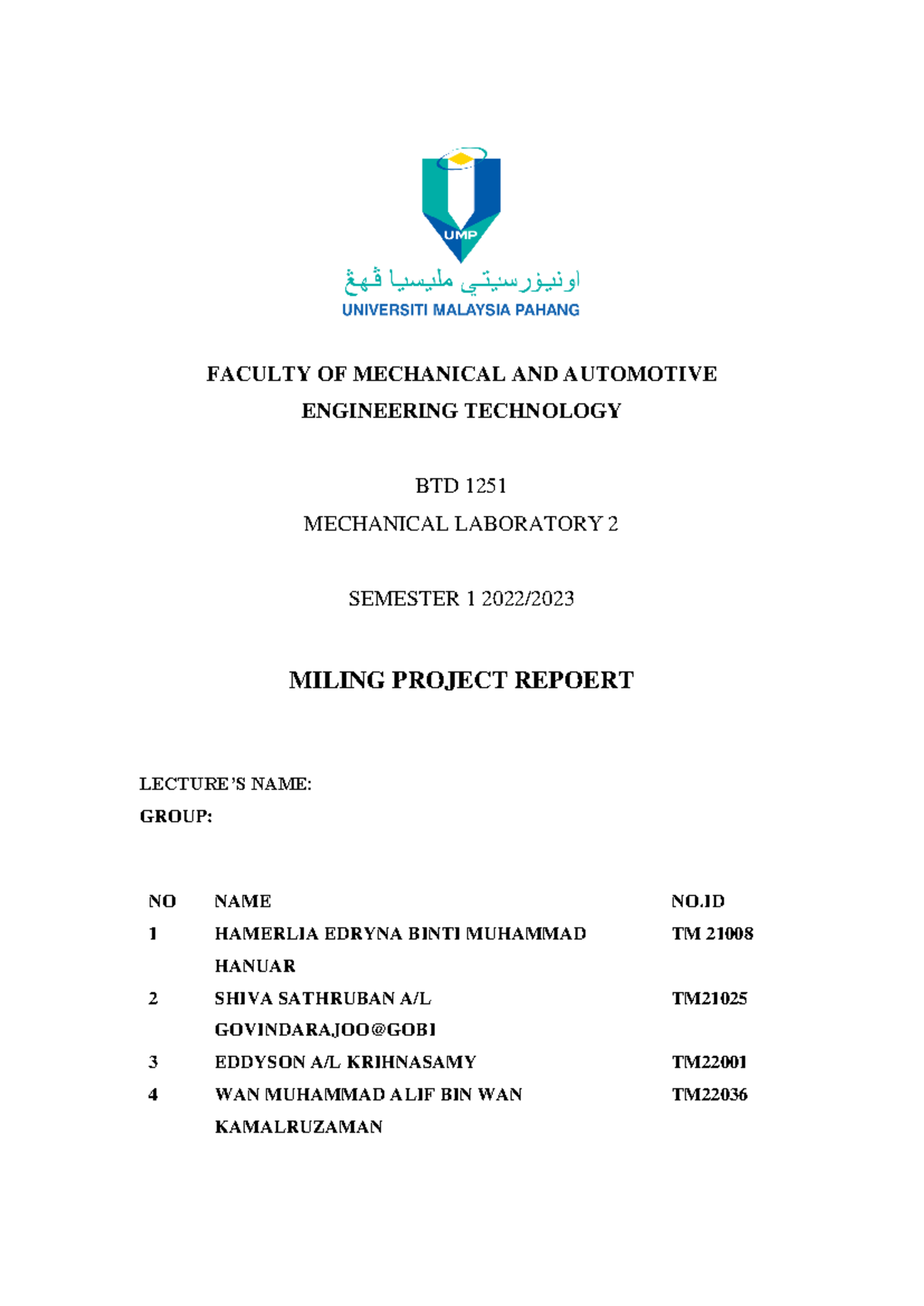 Milling Report - Handle Bar Project (BTD 1251 Lab) - Studocu