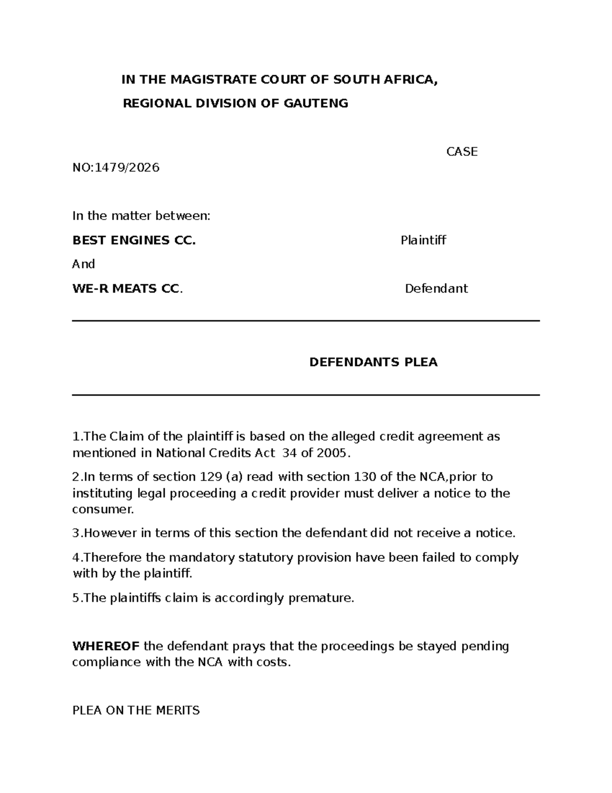 Civil Procedure Case: Best Engines CC vs. Meats CC - Defendants Plea ...