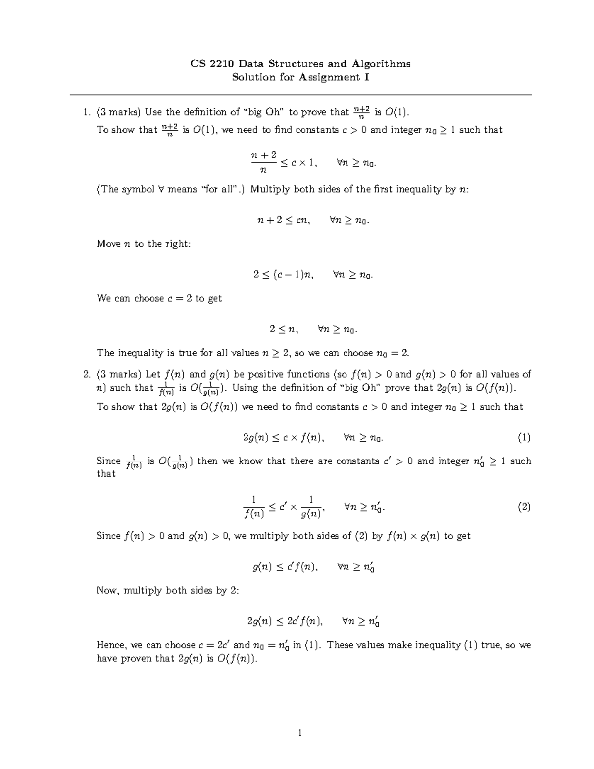 CS 2210 Data Structures & Algorithms: Assignment I Solutions - Studocu