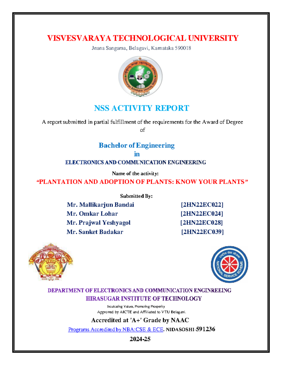 NSS Activity Report: Plant Adoption & Environmental Awareness - B.E ...