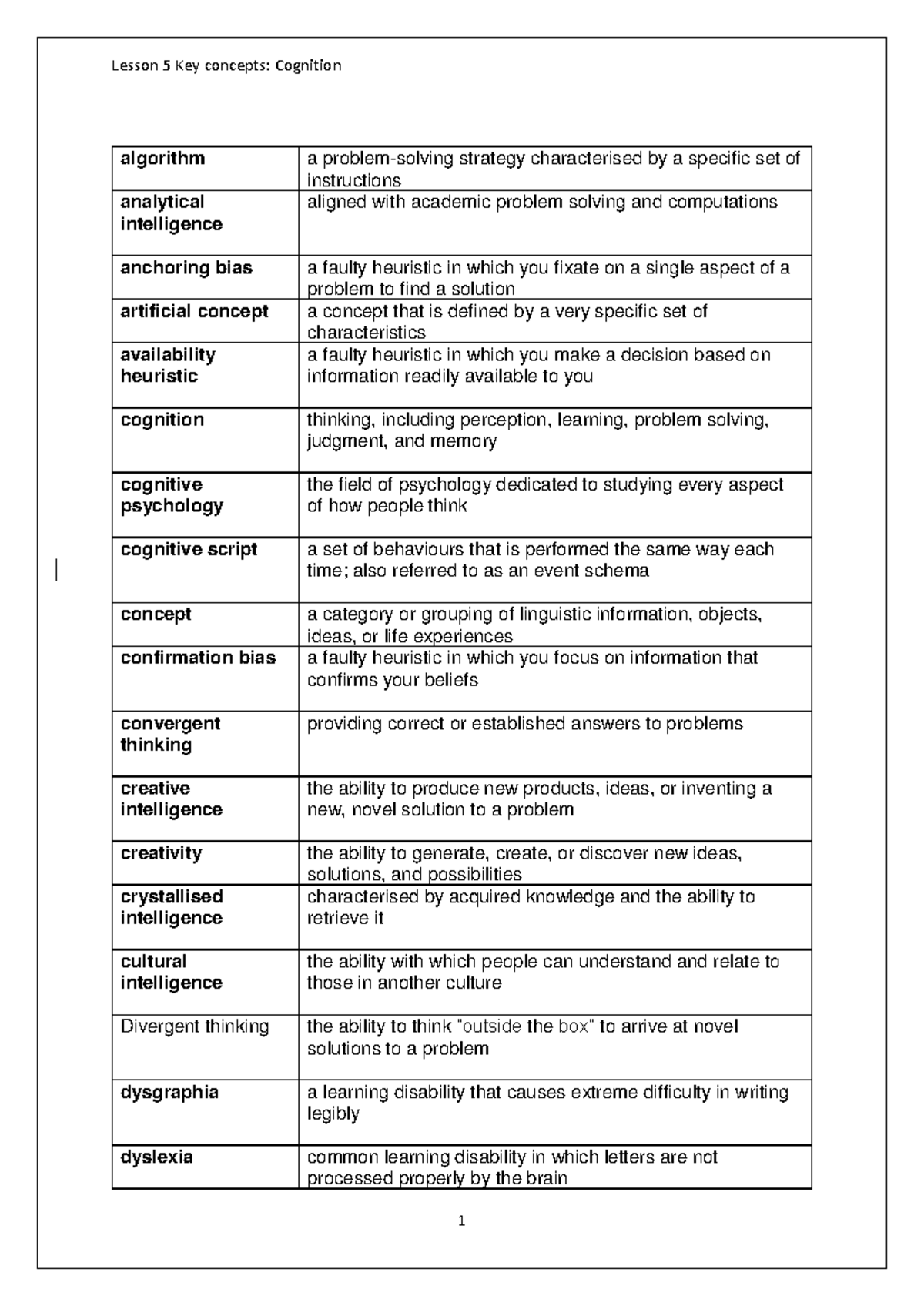 Lesson 5 Key concepts Cognition English - Lesson 5 Key concepts ...