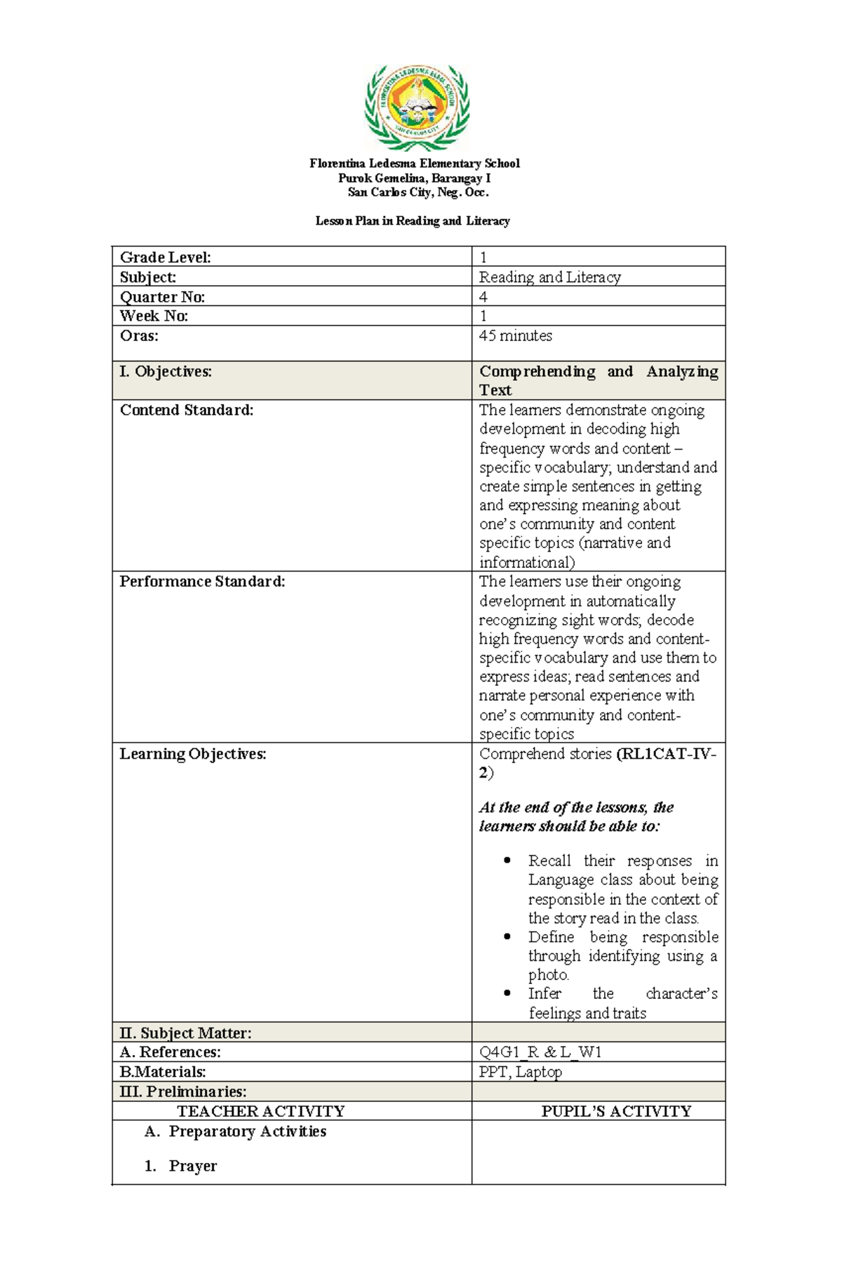 Reading & Literacy Lesson Plan - Grade 1 (Q4 W1) - Studocu