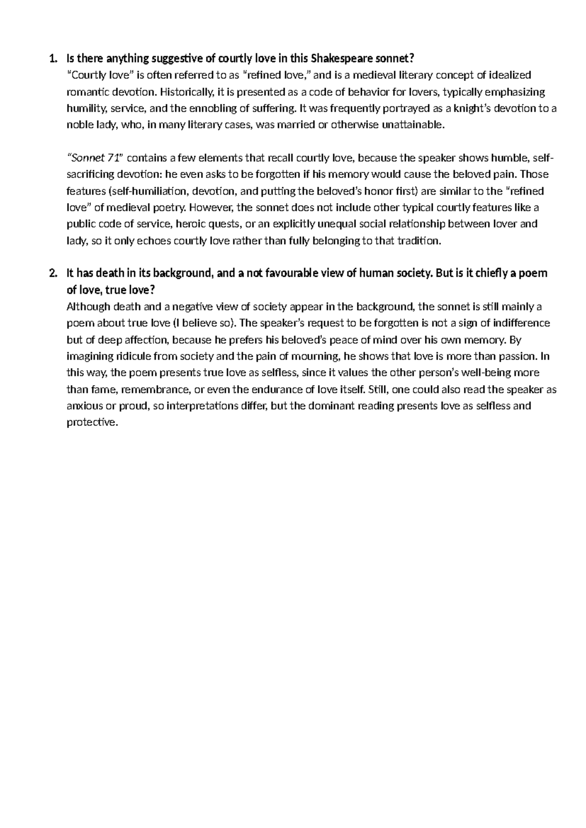 Analysis of Courtly Love in Shakespeare's Sonnet 71 - Studocu