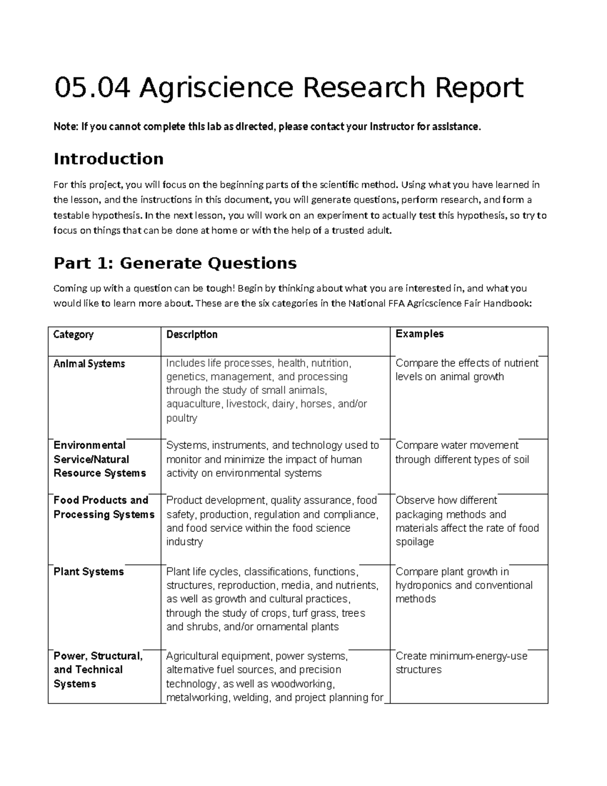 AGR 101 Agriscience Research Report: Introduction to Methods ...