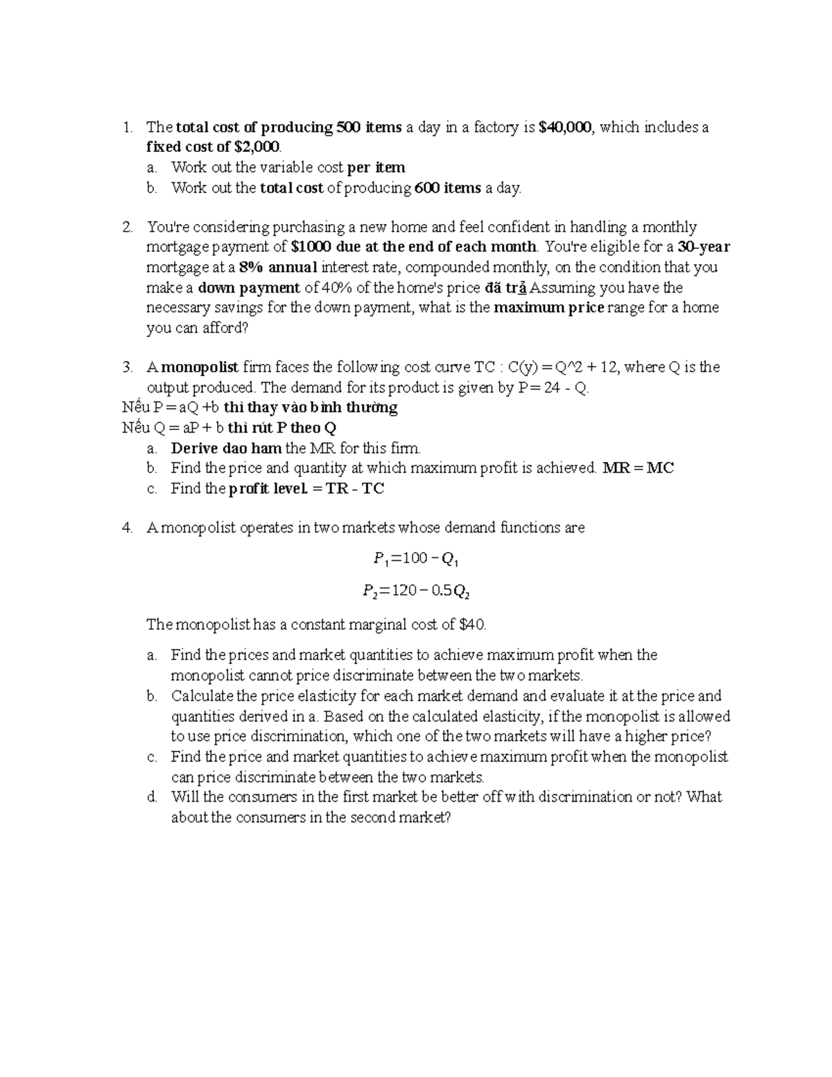 Economics Practice Problems Set 1-43: Cost & Monopoly Analysis - Studocu