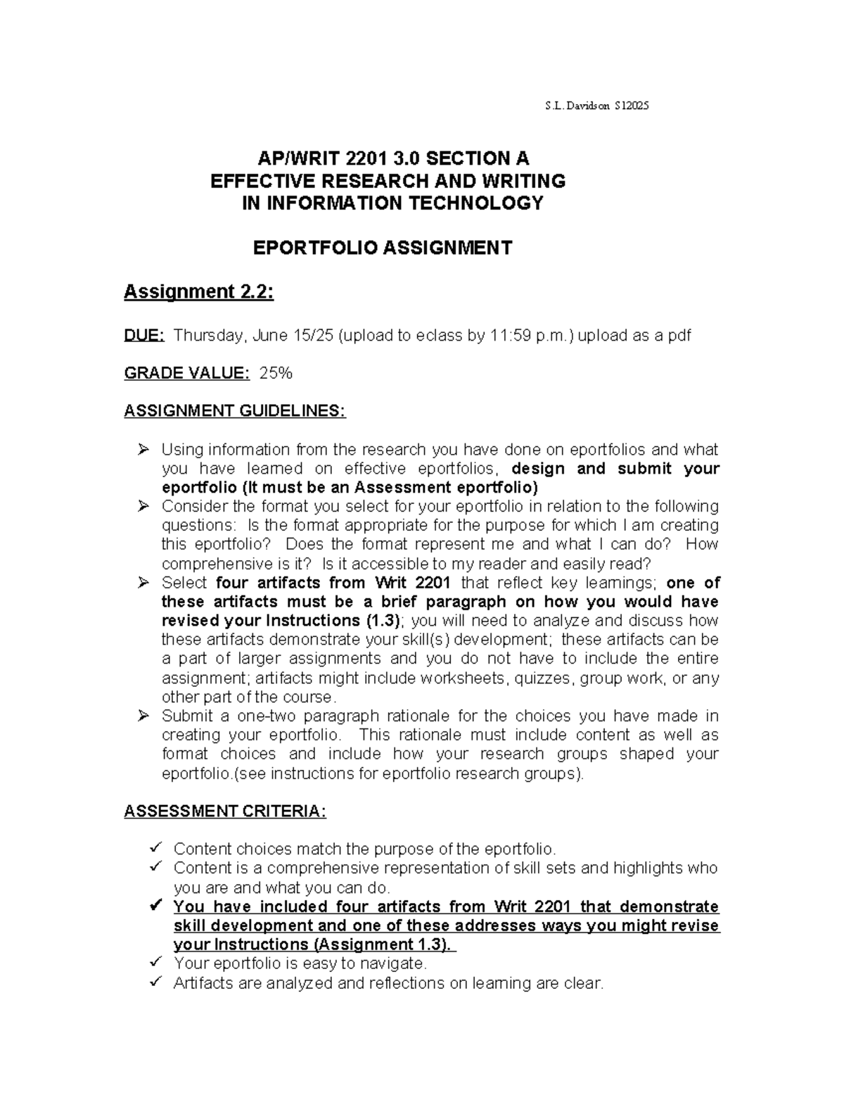 Eportfolio Final Assignment for WRIT 2201 S2025 Section A - Studocu