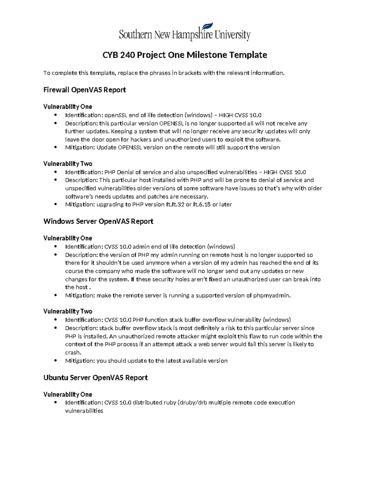 CYB 240 Project One Milestone: OpenVAS Vulnerability Report Template - Studocu