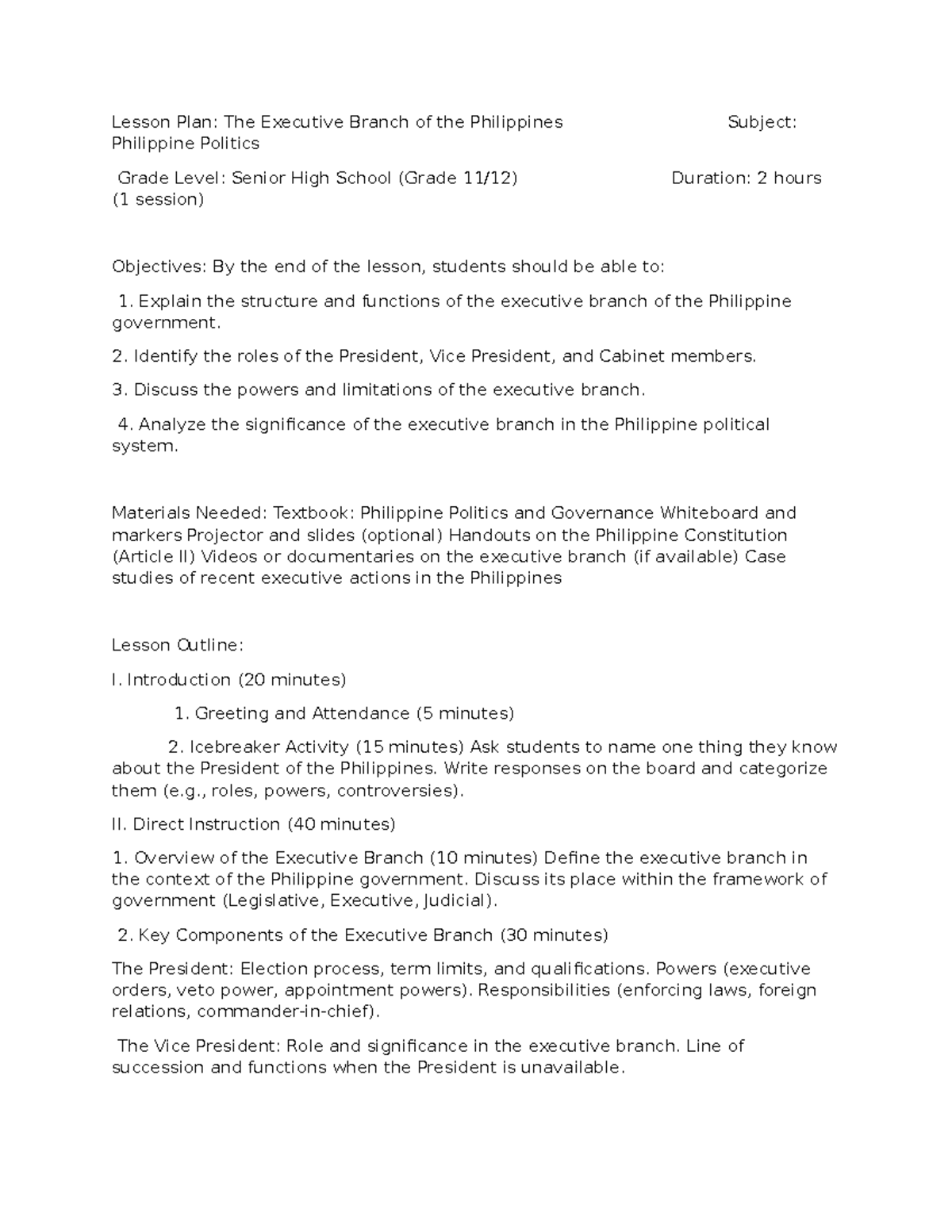 Lesson Plan: Understanding the Executive Branch in Phil Politics - Studocu