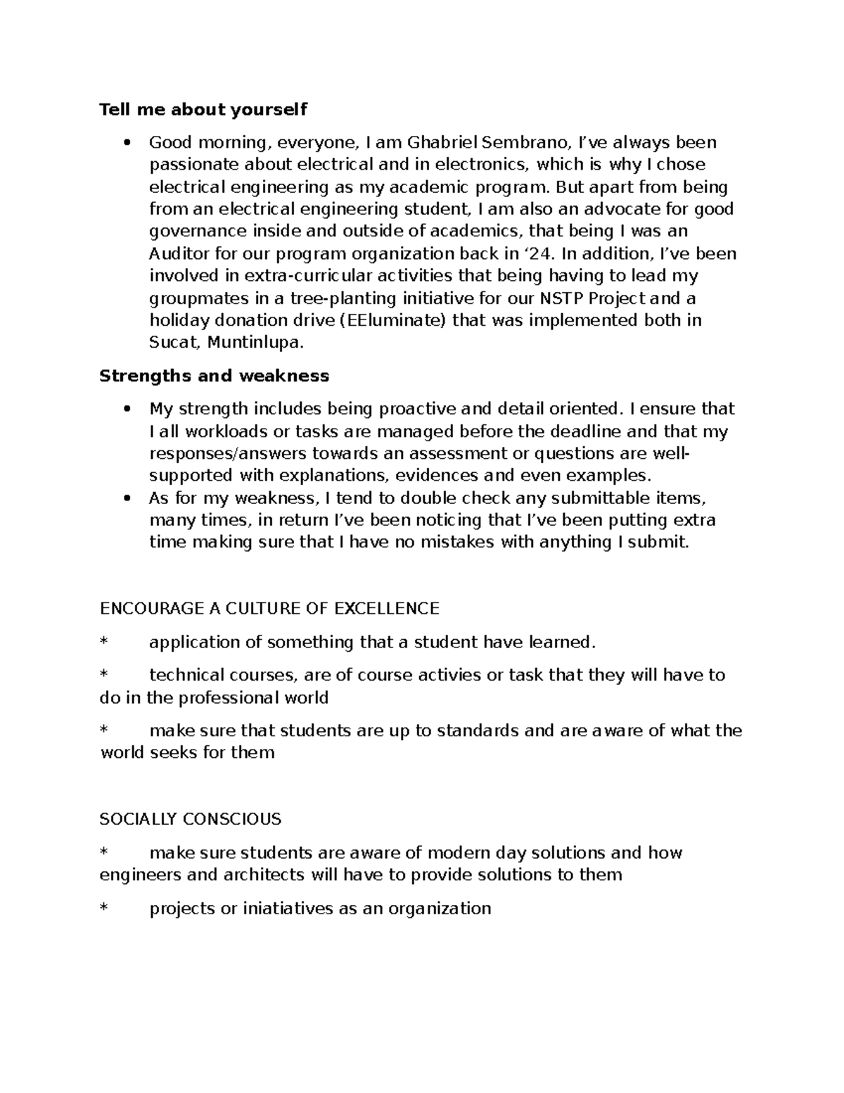 EE 101: Tell Me About Yourself - Personal Introduction Script - Studocu