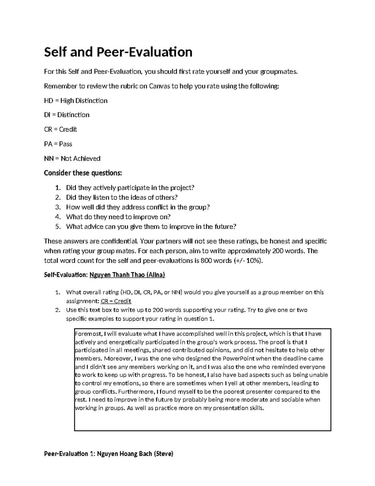 Self and Peer - Got high distinction, just use for reference - Self and ...