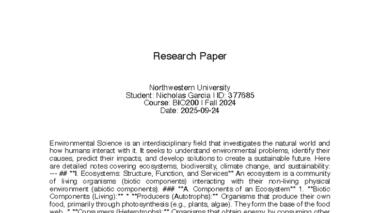 BIO200 Fall 2024: Environmental Science Research Paper Notes - Studocu