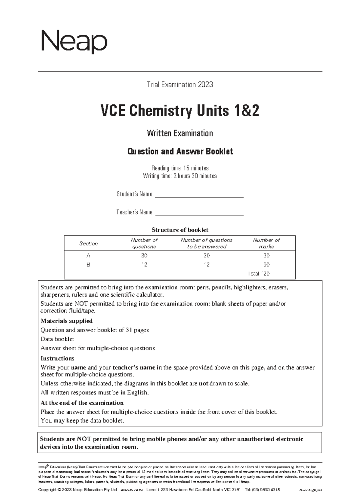 VCE Chemistry Units 1 & 2 Trial Examination Q&A Booklet 2023 - Studocu
