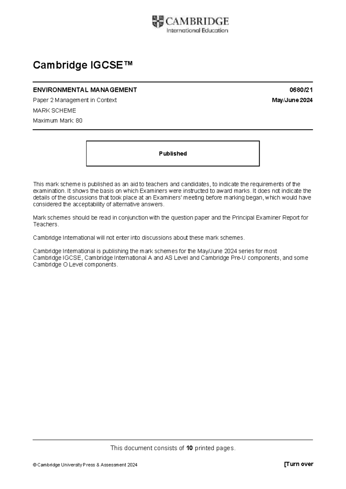 Cambridge IGCSE ENVIRONMENTAL MANAGEMENT 0680/21 Mark Scheme 2024 - Studocu