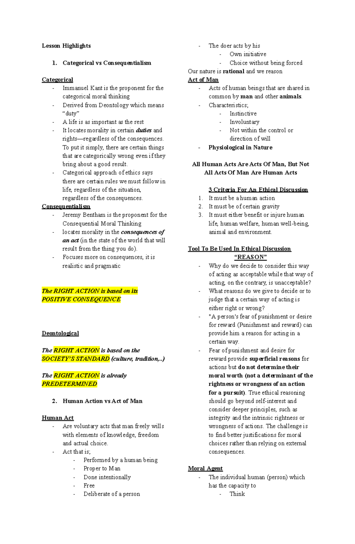 Ethics Notes - Categorical - Immanuel Kant is the proponent for the ...