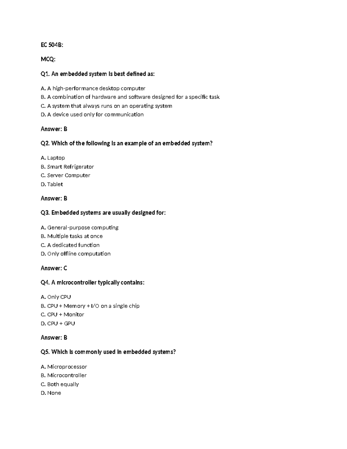 EC 504B: Multiple Choice Questions on Embedded Systems - Studocu