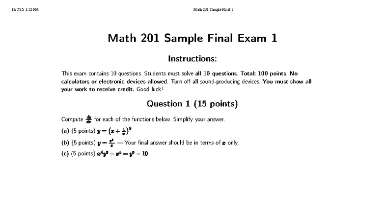 Math 201 Sample Final Exam 1: Comprehensive Review Guide - Studocu