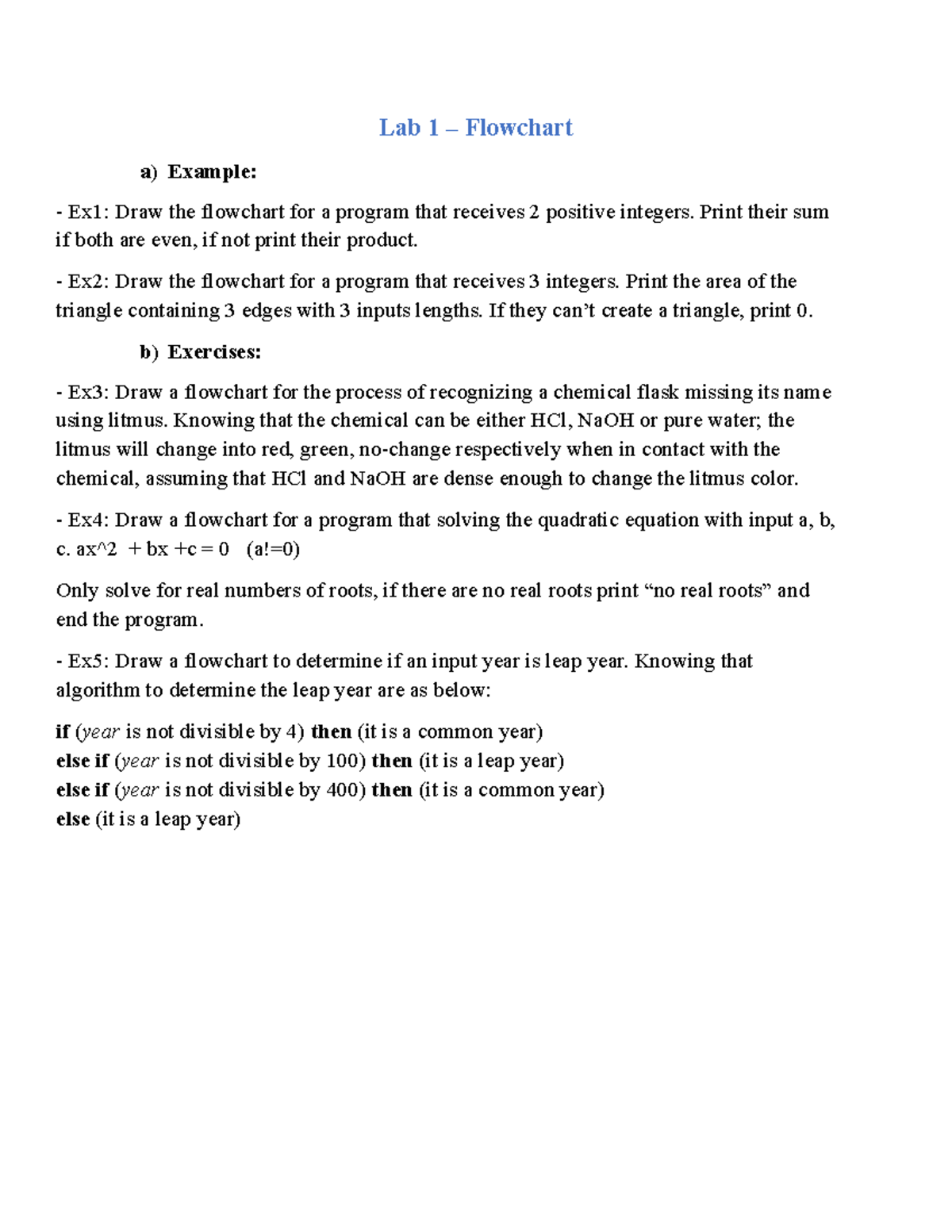 Lab 1 Flowchart - Lab 1 - Lab 1 – Flowchart a) Example: Ex1: Draw the flowchart for a program ...