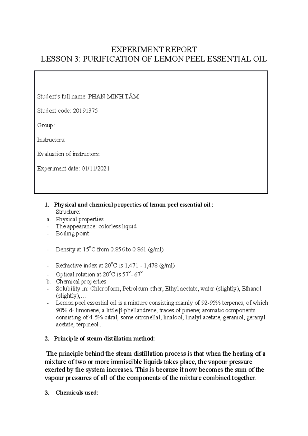 Purification of Lemon Peel Essential Oil - Experiment 3 Report - Studocu
