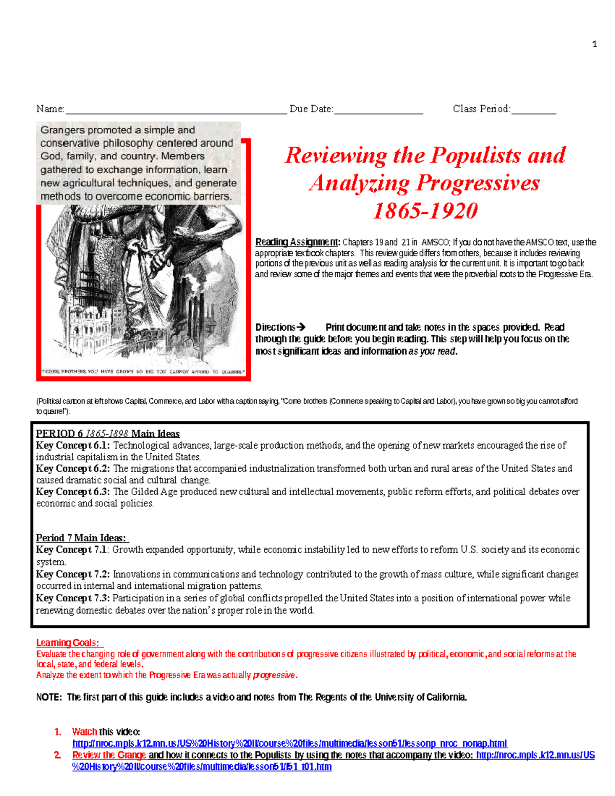 Populism and Progressives: AMSCO Review for U.S. History II (1865-1920 ...