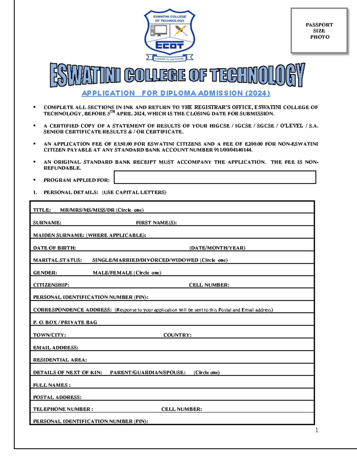 Diploma Admission Application Form for 2024 - Eswatini College - Studocu