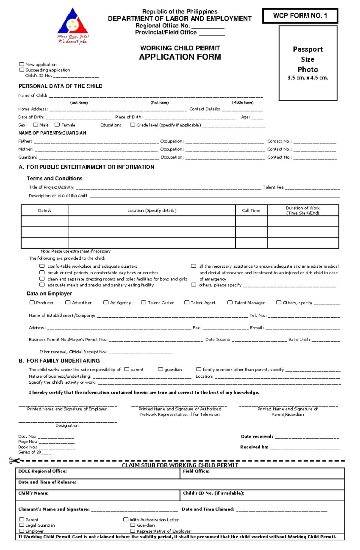 Revised WCP Application Form - CLAIM STUB FOR WORKING CHILD PERMIT WCP ...