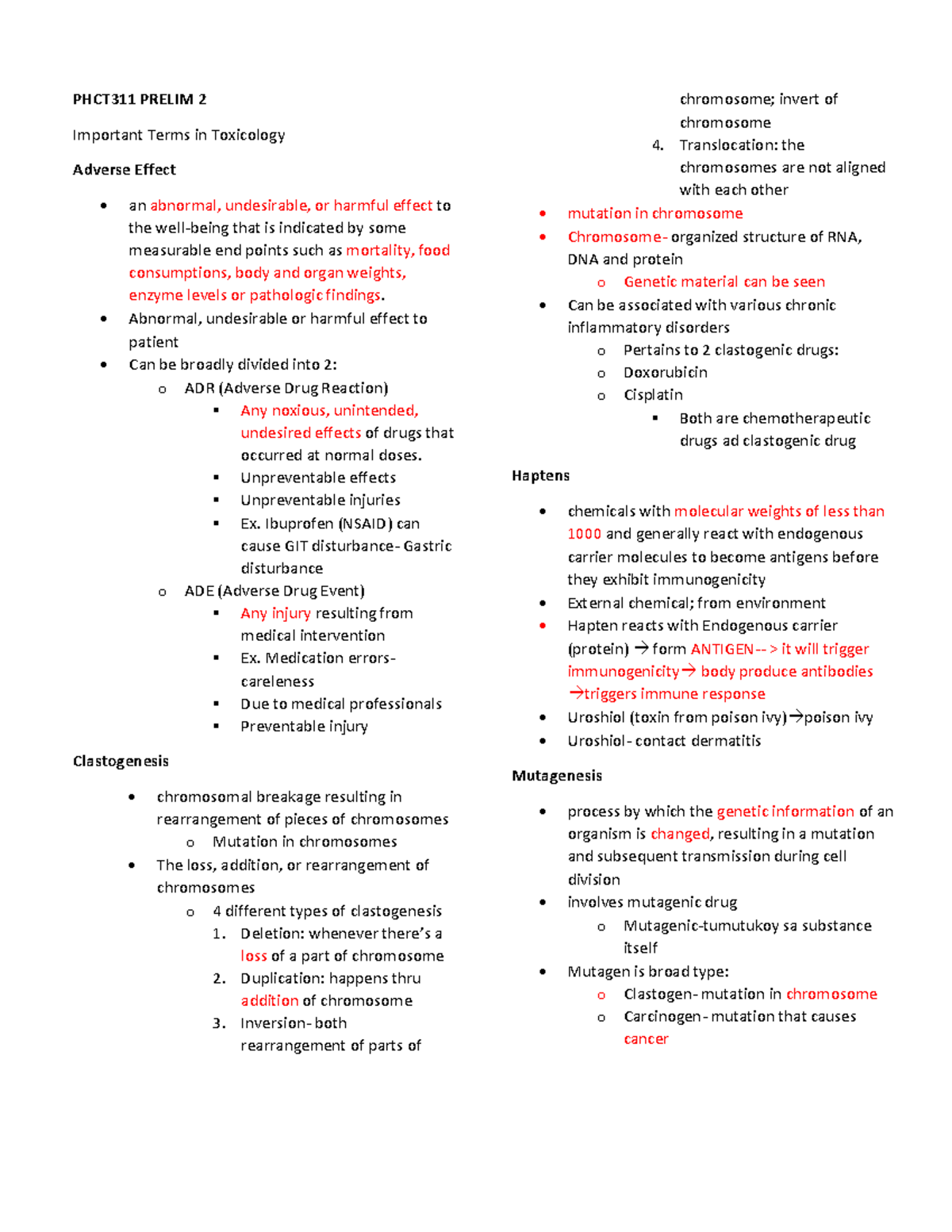 PHCT311 PRELIM 2 Key Concepts in Toxicology and Adverse Effects - Studocu
