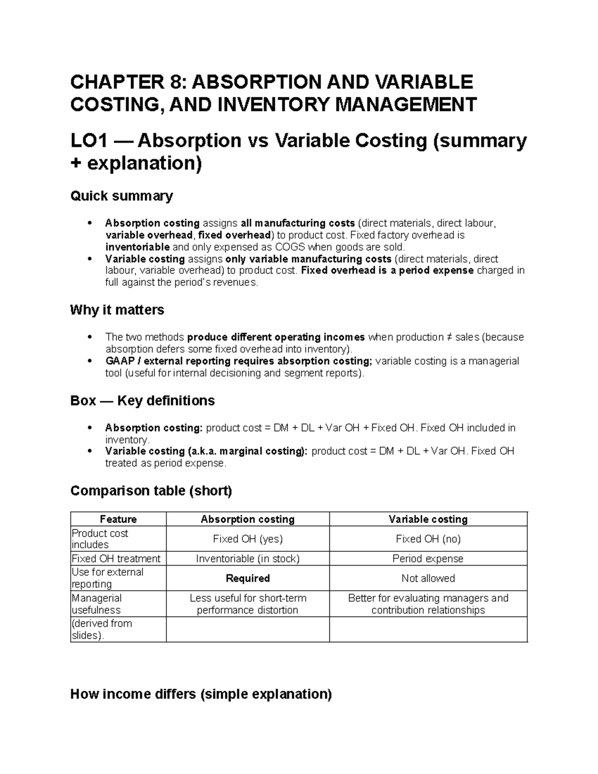 FBS222 Chapter 8: Absorption vs Variable Costing & Inventory Management - Studocu